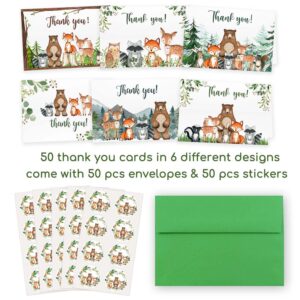 50 Woodland Thank You Cards, 4x6" Forest Animals Thank You Notes with Matching Green Envelopes & Stickers, Greenery Notecards, Woodland Baby Shower Thank You Cards