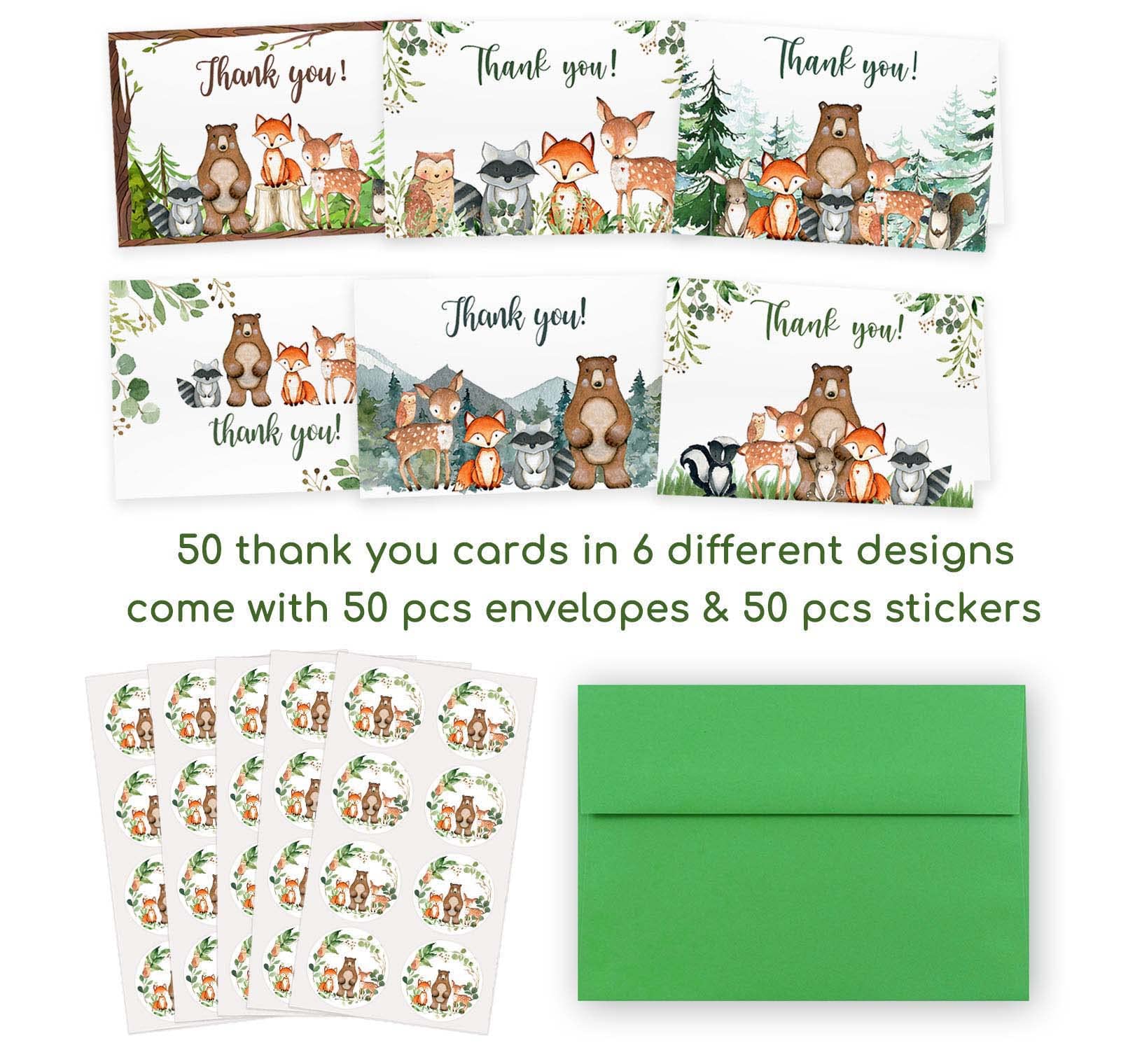 50 Woodland Thank You Cards, 4x6" Forest Animals Thank You Notes with Matching Green Envelopes & Stickers, Greenery Notecards, Woodland Baby Shower Thank You Cards