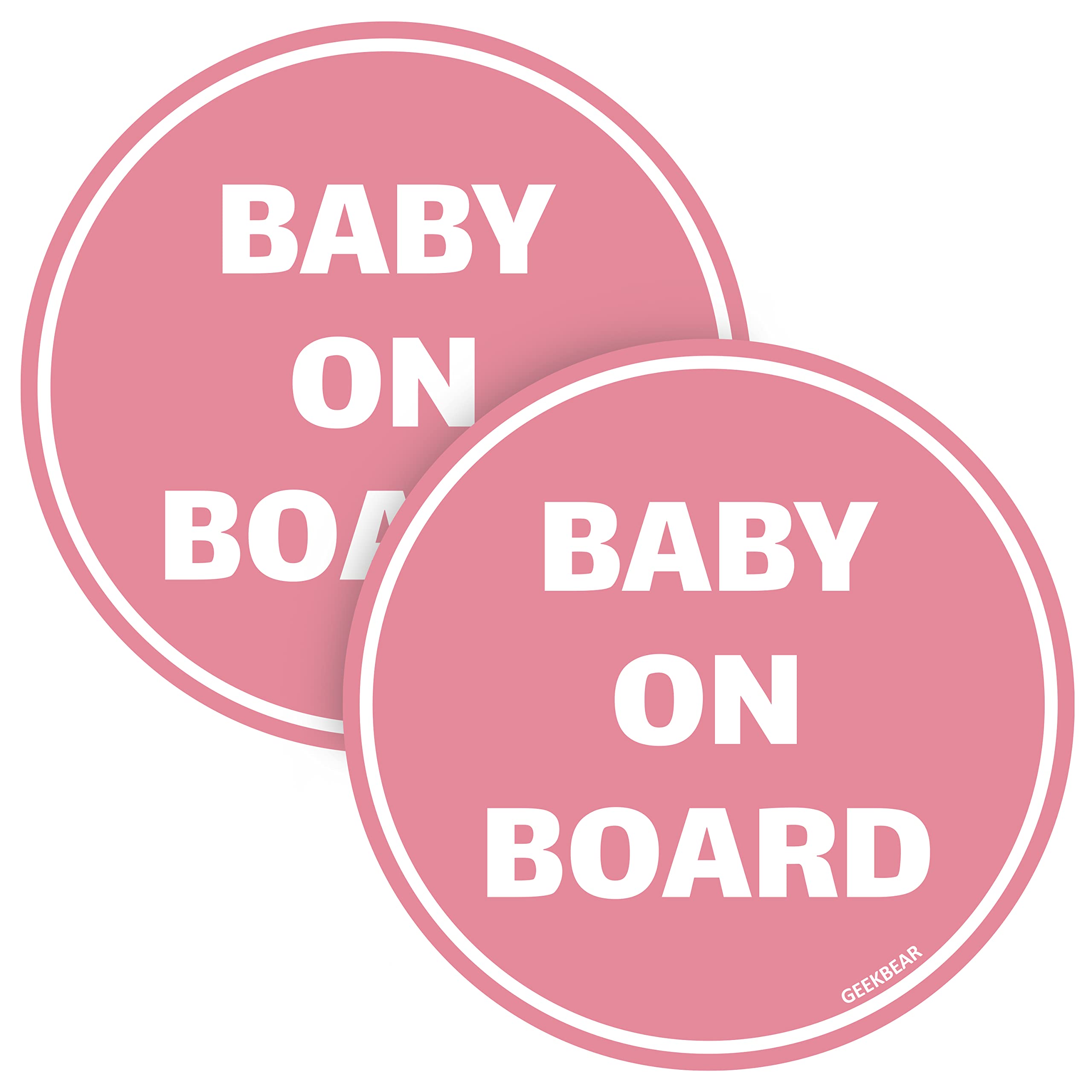 GEEKBEAR Baby on Board Car Sticker - Colorful, Reflective, Weather-Resistant - Circular 4.7 x 4.7 in (Light Pink - 2 Pack)