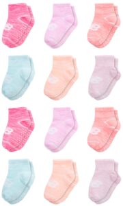 new balance baby girls' quarter socks - 12 pack soft quarter cut ankle socks - newborn toddler socks for girls (12m-24m), size 2-4t, pink assorted grip