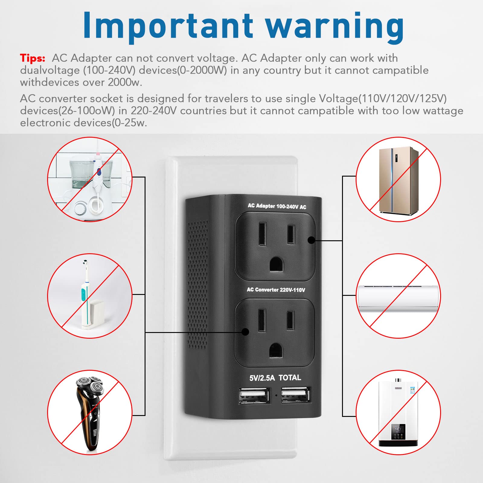 Voltage Converter 220V to 110V, 2000W Travel Adapter Global Power Adapter with 2 USB Ports and EU/UK/AU/US Plug Adapter