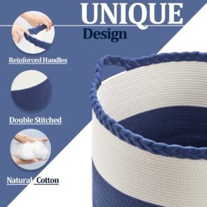 Turnextte XXXXLarge Cotton Rope Basket, 22'' X16'' Super Large Blanket Storage Basket, Large Woven Laundry Basket with Reinforced Handles, Cotton Rope Basket for Storage, for Toys, Pillows, Blue