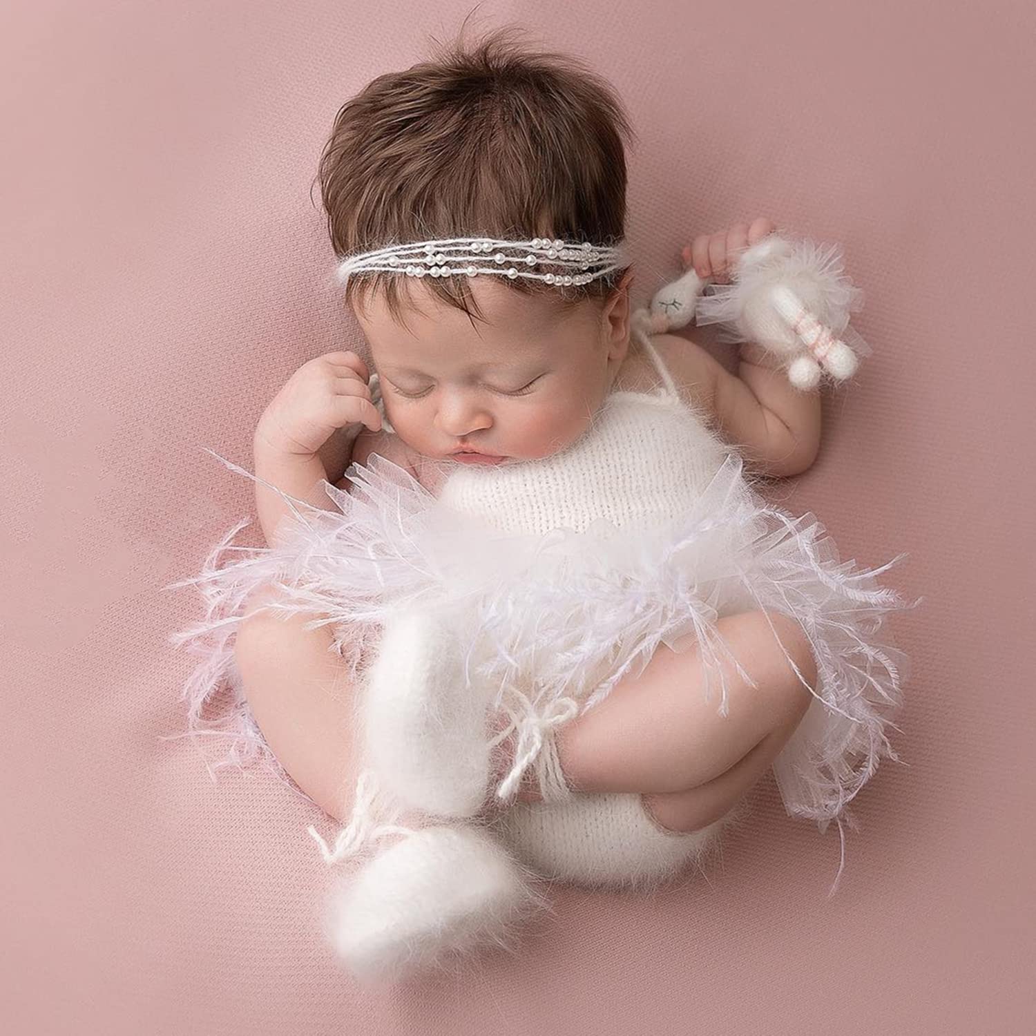 4 Pcs Newborn Photography Props Outfit Baby Girl Vintage Cute Lace Rompers with Ribbon Bow Headband Set Baby Photo Props Bodysuit Outfit