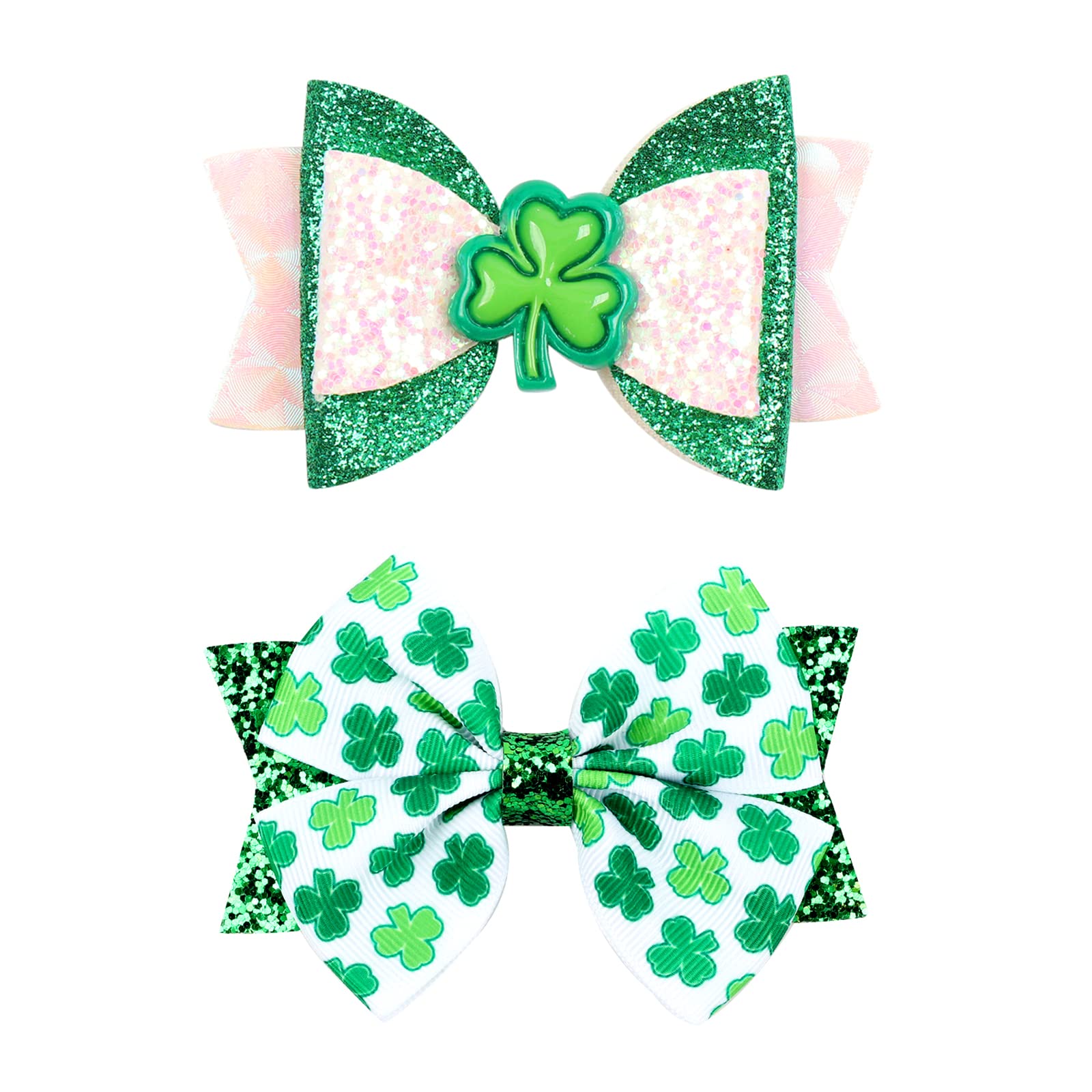 St Patricks Day Hair Bow 3" Girls Glitter Sequin Shamrock Bow Decor Clips Irish Green Grosgrain Ribbon Alligator Barrettes Handmade St Patty Cheer Accessories for Women Toddler Teens Kids Kit