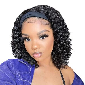 jcl curly headband wig human hair 180% density 12 inch headband wigs for black women deep wave none lace front wigs human hair wear and go glueless wig natural color