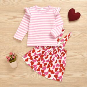 Myhrey Toddler Baby Girls Valentine's Day Outfits Ruffle Long Sleeve Stripe Shirt + Suspender Skirt Set (Pink, 12-18 Months) M04 M04a