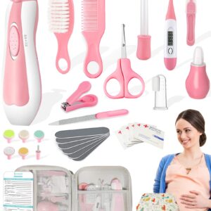 30 in 1 Baby Healthcare and Grooming Kit, Portable Baby Electric Nail Trimmer Set, Newborn Nursery Care Kit Baby Essentials with Baby Healthcare kit, Medicine Dispenser, Haircut Tools, etc (Pink)