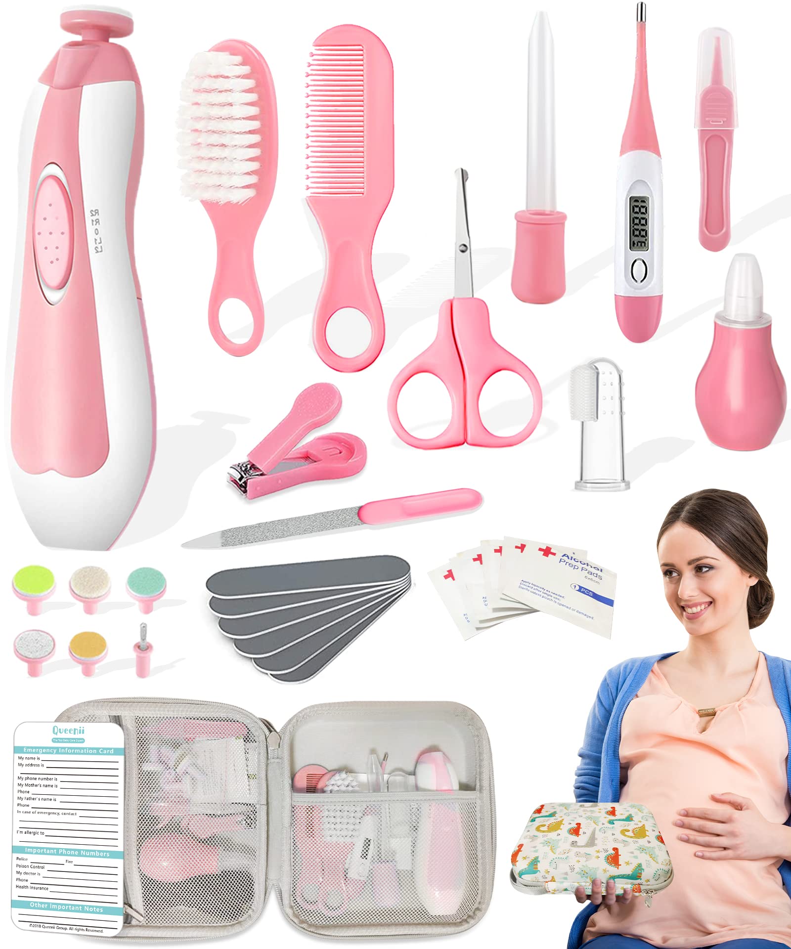 30 in 1 Baby Healthcare and Grooming Kit, Portable Baby Electric Nail Trimmer Set, Newborn Nursery Care Kit Baby Essentials with Baby Healthcare kit, Medicine Dispenser, Haircut Tools, etc (Pink)