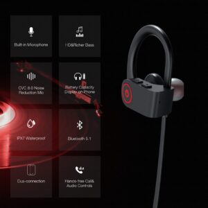 Boean Bluetooth Headphones Wireless Earbuds Bluetooth 5.1 Running Headphones IPX7 Waterproof Earphones with 10 Hrs Playtime HiFi Stereo Noise Cancelling Headsets for Workout Gym