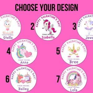 Personalized Unicorn Valentine's Day Stickers for Kids 20-Count, 2 inch, Custom Classroom Valentines Favor for Girls, Happy Valentine's Day Labels