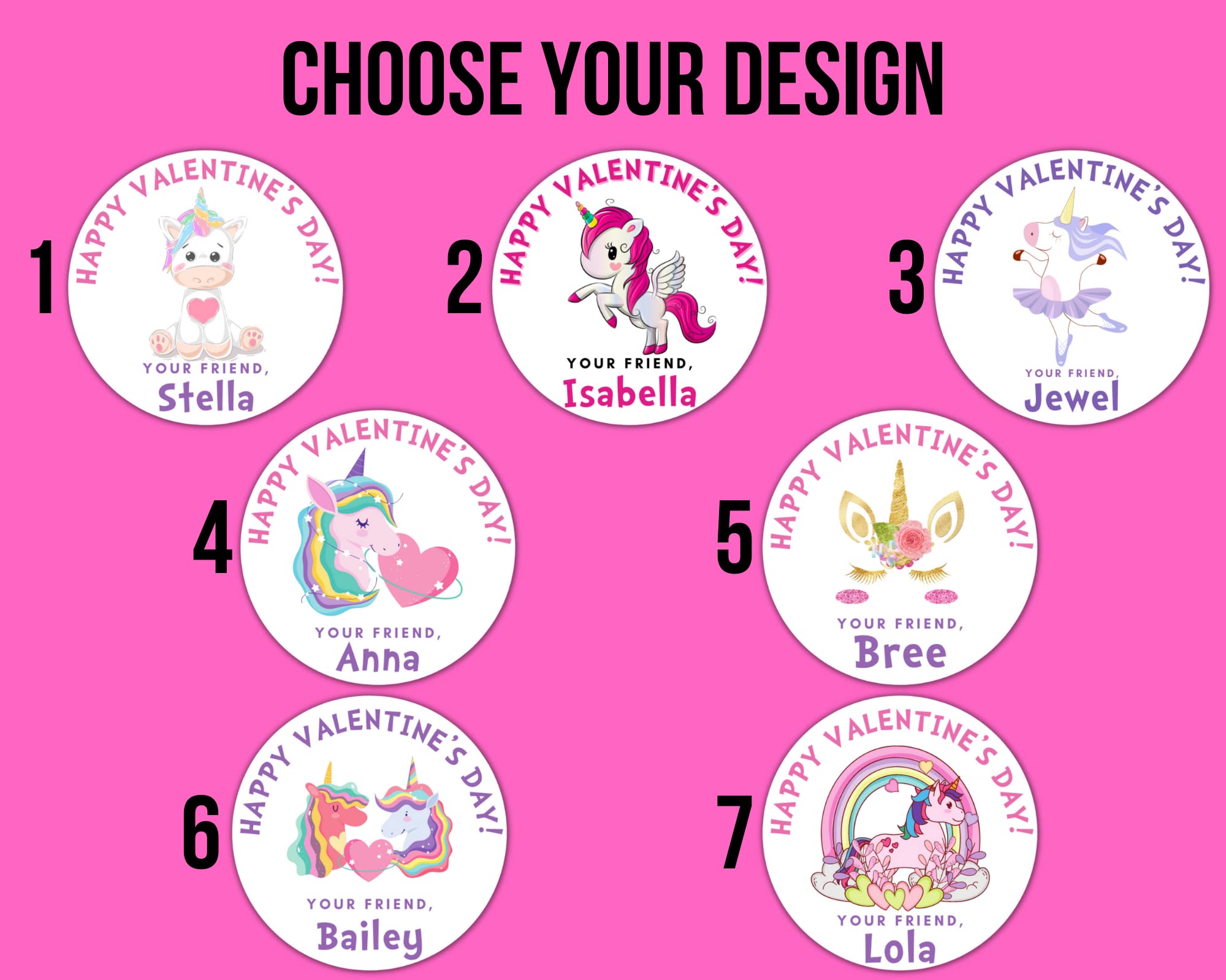 Personalized Unicorn Valentine's Day Stickers for Kids 20-Count, 2 inch, Custom Classroom Valentines Favor for Girls, Happy Valentine's Day Labels