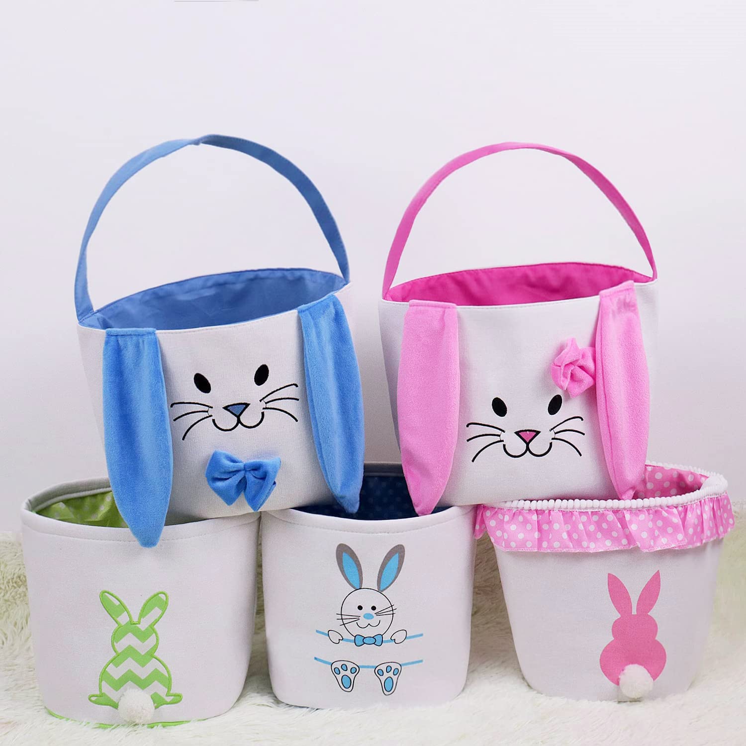 Easter Bunny Baskets for Kids Empty Egg Hunt Bags, Rabbit Buckets with Handle for Carrying Candy Cute Stuffed Easter Festival Gifts