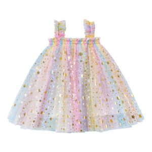 toddler baby girl sequins dress sleeveless rainbow stars print mesh tulle dress summer layered princess cake dress (colorful cake dress, 4-5t)