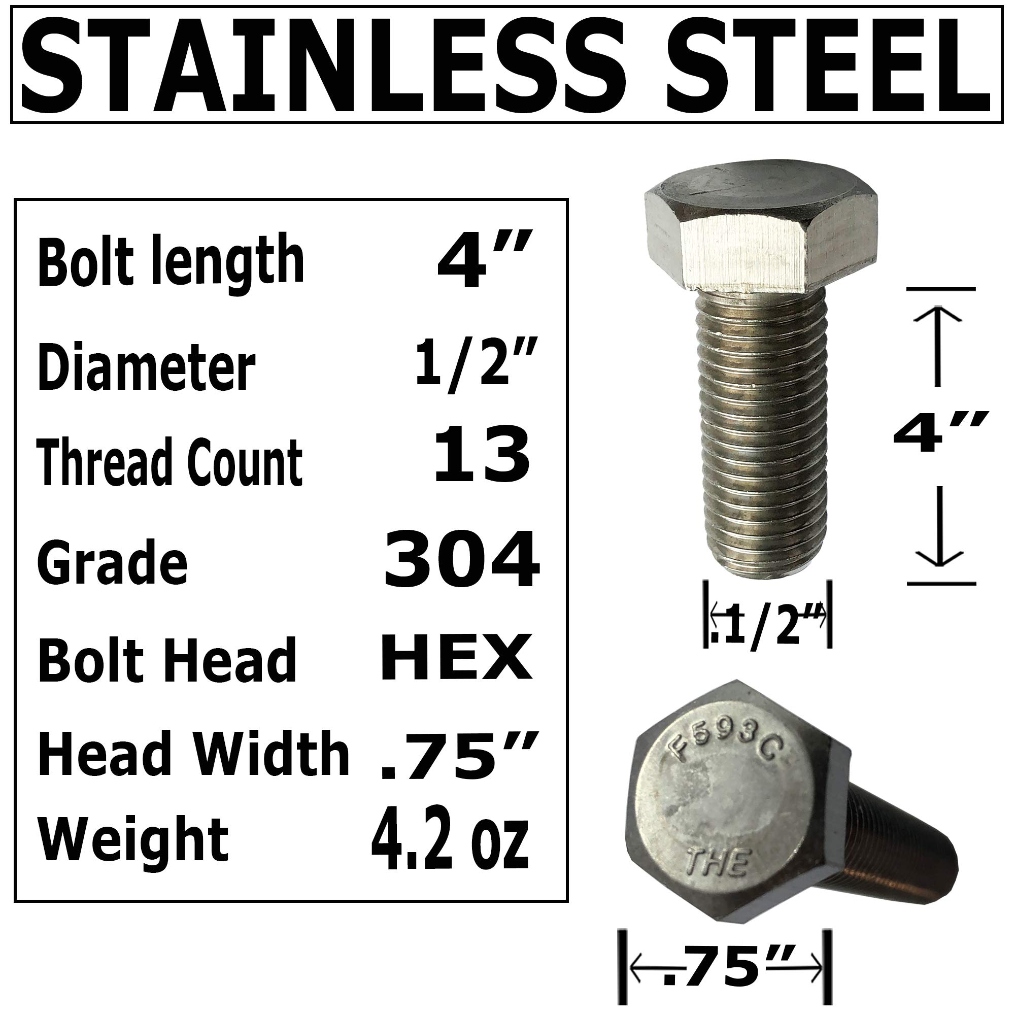 1/2" -13 x 4. 304-STAINLESS Steel Bolts, Nuts & WASHERS - 18-8 HEX Head Bolt - 304 Grade. General Purpose - Bolts + Nuts + Washers - 1/2 in x 4 in (5)