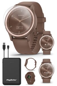 playbetter garmin vivomove sport (cocoa/peach gold) hybrid smartwatch power bundle - heart rate monitor watch with call portable charger & hd screen protectors - women's fitness tracker