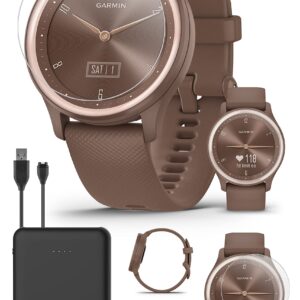 PlayBetter Garmin vivomove Sport (Cocoa/Peach Gold) Hybrid Smartwatch Power Bundle - Heart Rate Monitor Watch with Call Portable Charger & HD Screen Protectors - Women's Fitness Tracker