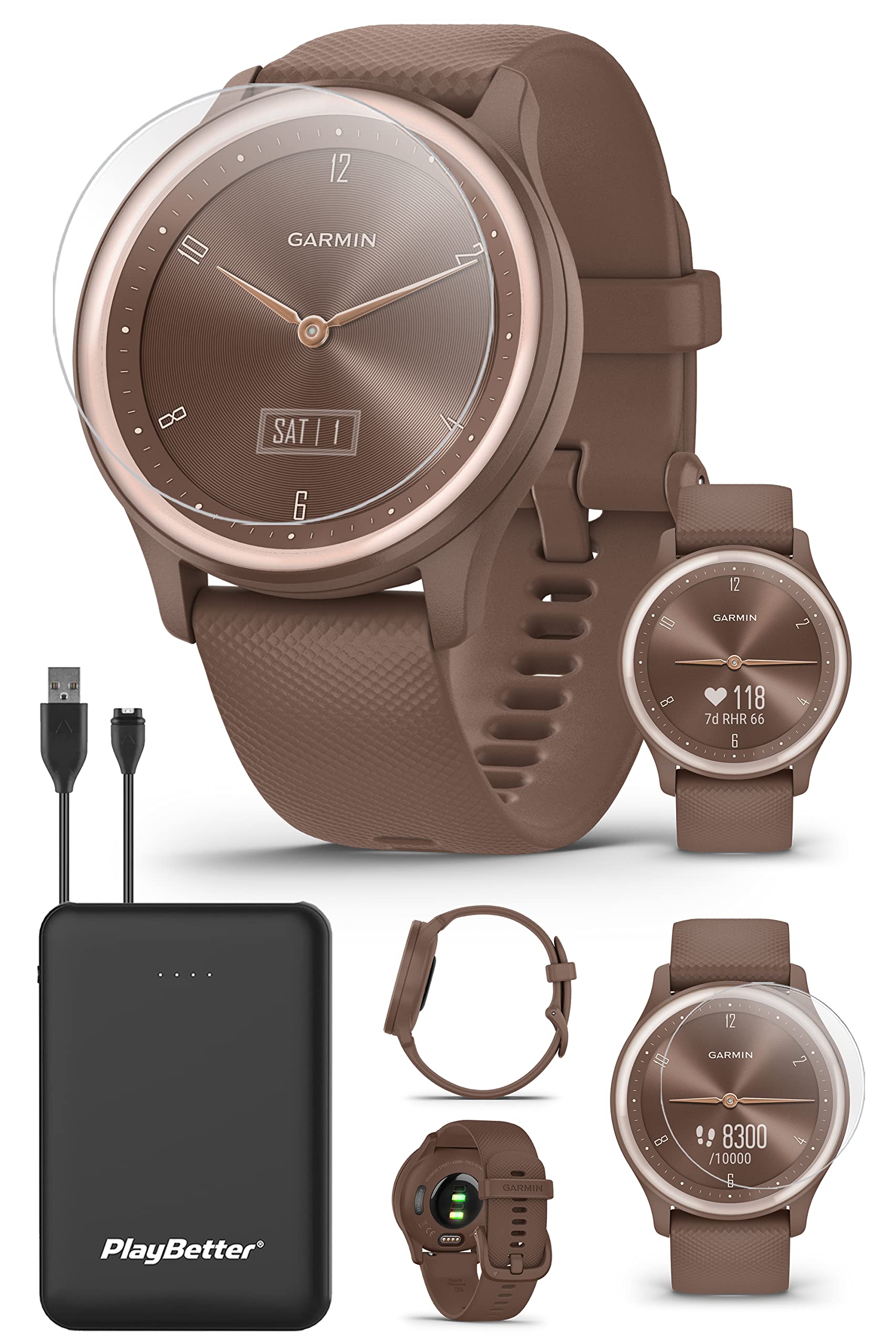 PlayBetter Garmin vivomove Sport (Cocoa/Peach Gold) Hybrid Smartwatch Power Bundle - Heart Rate Monitor Watch with Call Portable Charger & HD Screen Protectors - Women's Fitness Tracker