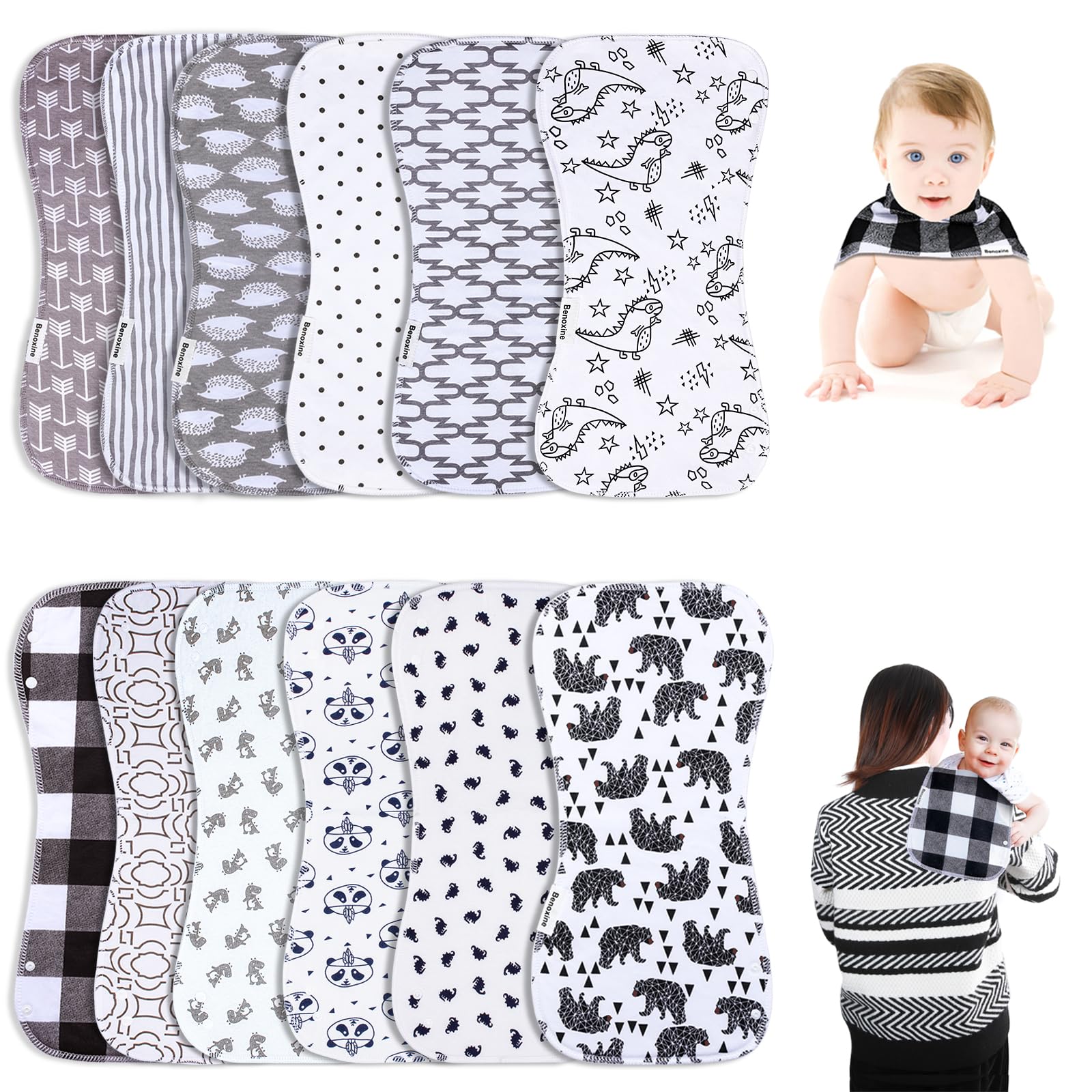 Baby Burp Cloths & Baby Bibs 2-in-1 Design Large Size 3 Layers Thicken 100% Cotton Super Absorbent and Soft Baby Spit Up Burping Rags Baby Burp Cloth Set for Boys and Girls 12 Pack