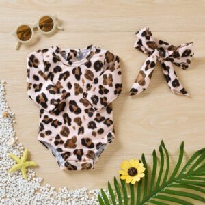 Newborn Infant Baby Girls One Piece Long Sleeve Swimsuit Leopard Bathing Suit Swimwear Beach Wear 0-3 Months Cheetah