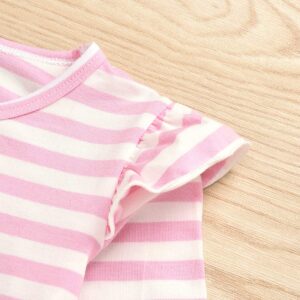 Myhrey Toddler Baby Girls Valentine's Day Outfits Ruffle Long Sleeve Stripe Shirt + Suspender Skirt Set (Pink, 12-18 Months) M04 M04a