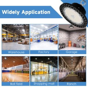 LED High Bay Light, 150W 22,000lm 5000K 0-10V Dimmable US Hooks LED Garage Light UFO Commercial LED Shop Light for Workshop Gym Factory Warehouse