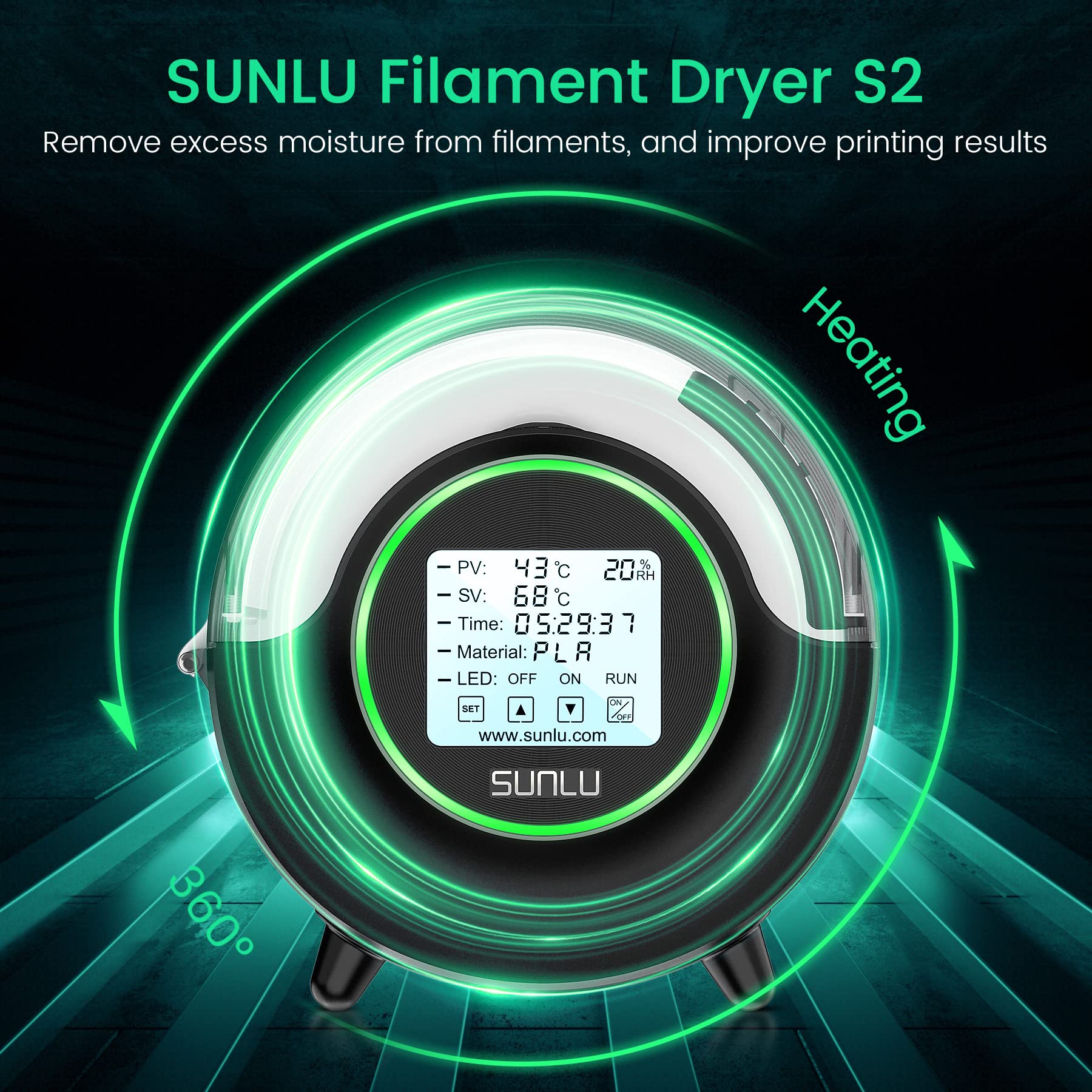 SUNLU 3D Printer Filament Dryer, FilaDryer S2 Storage Dry Box for 3D Printing, 360° Surround Heating, Large-Size Touch Screen, Remove Moisture from Wet Filaments, Spool Holder, Black