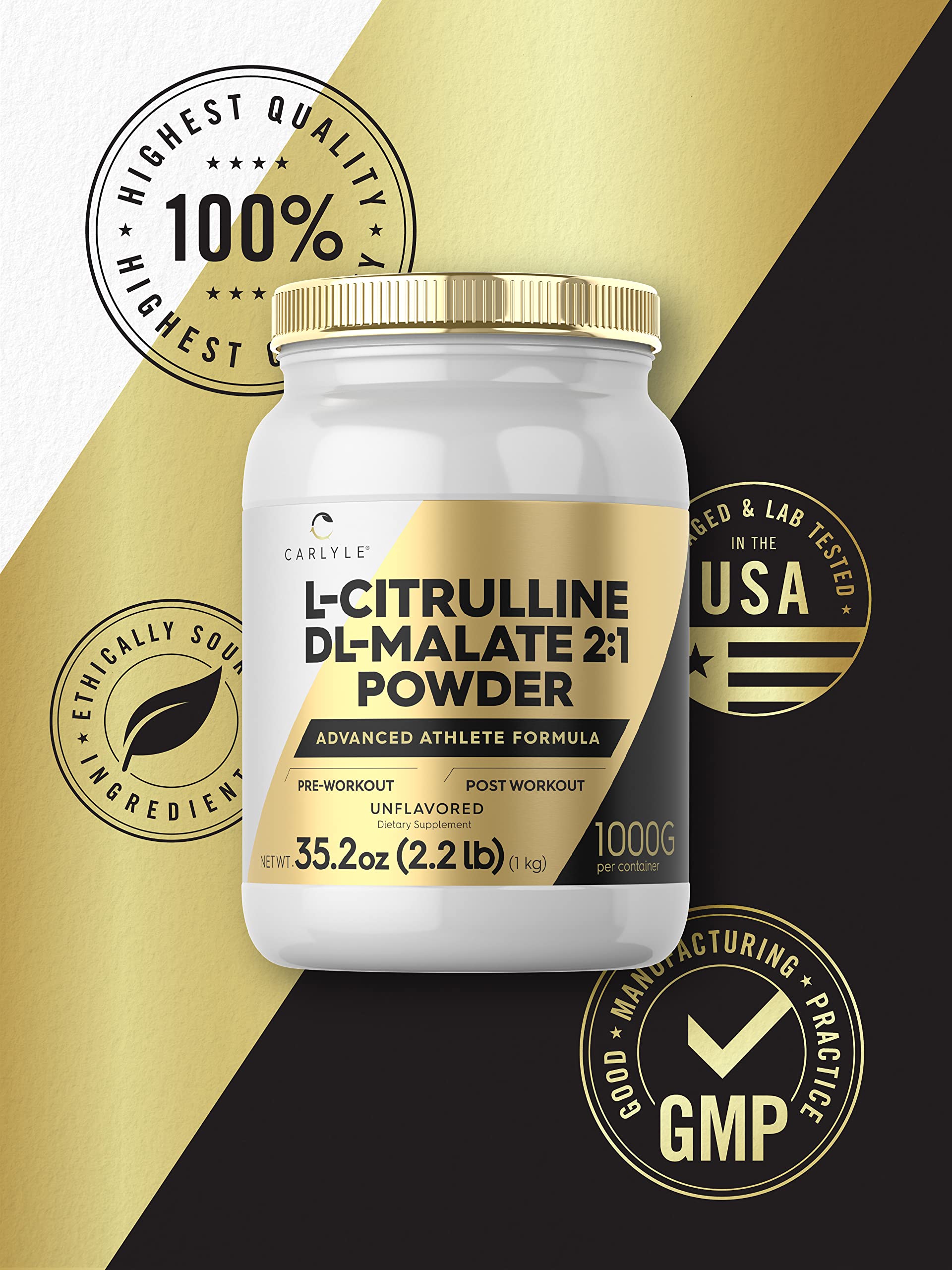 Carlyle L Citrulline Malate Powder | 3000mg | 2:1 | Unflavored | 1 Kg Container | Vegetarian, Non-GMO, Gluten Free