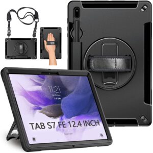 case for samsung galaxy tab s7 fe 2021/s8 plus 2022 : military grade tpu shockproof heavy duty protective cover for tab s7 plus 12.4 inch with s-pen holder &rotating kickstand &handle &shoulder strap