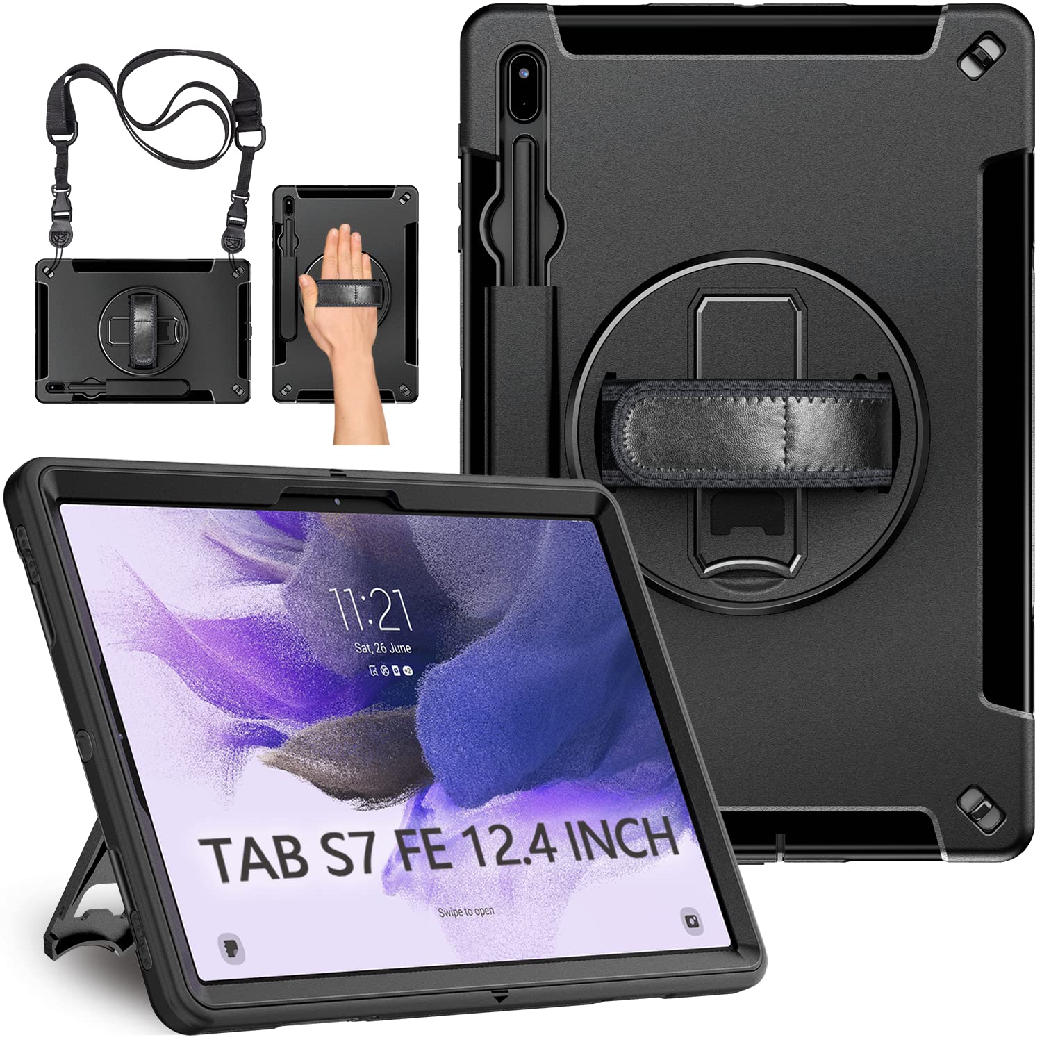 Case for Samsung Galaxy Tab S7 FE 2021/S8 Plus 2022 : Military Grade TPU Shockproof Heavy Duty Protective Cover for Tab S7 Plus 12.4 Inch with S-Pen Holder &Rotating Kickstand &Handle &Shoulder Strap