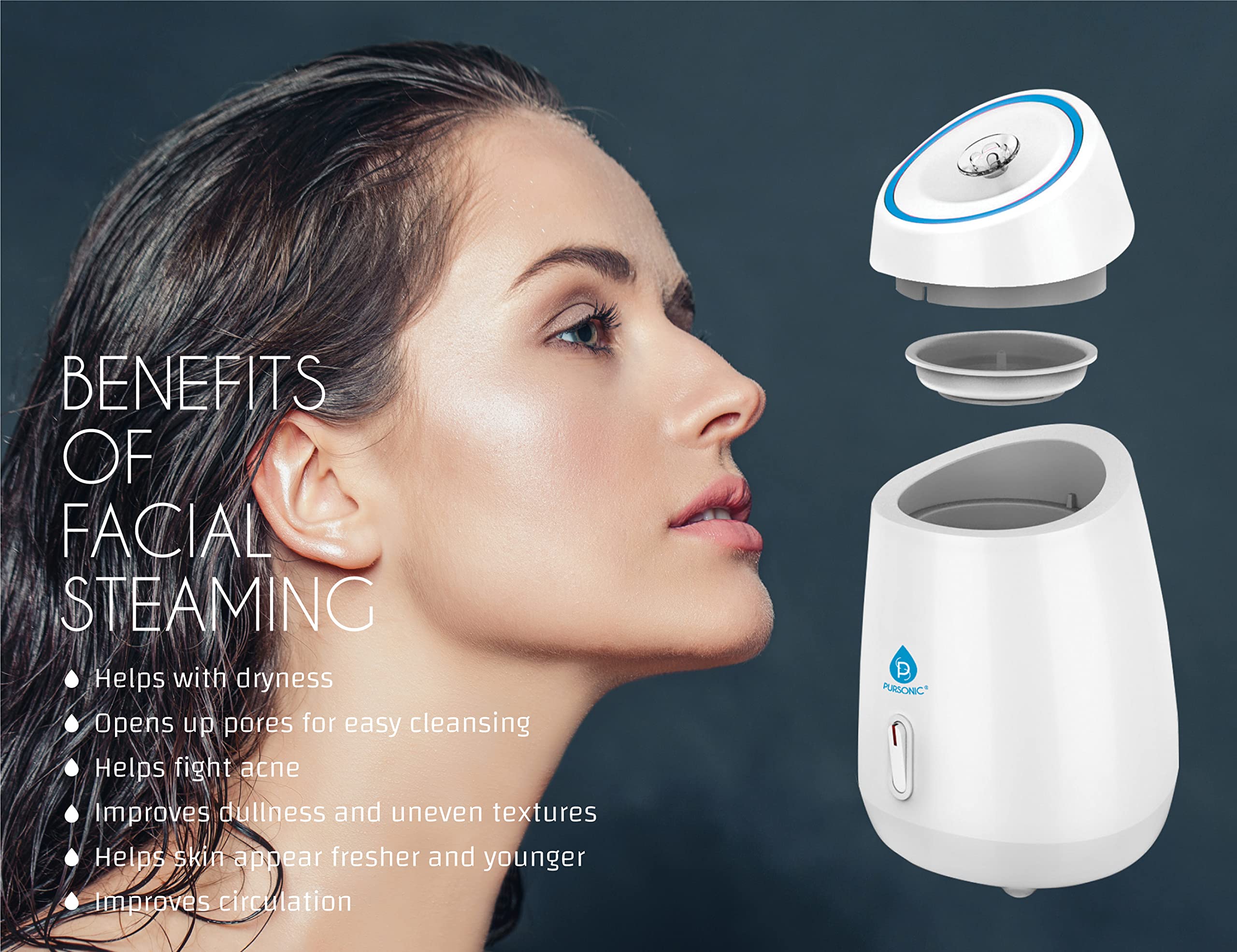 Pursonic White Facial Steamer - Face Steamer for Facial Deep Cleaning Tighten Skin - Daily Hydration for Unclogging Pores & Moisturizing Skin