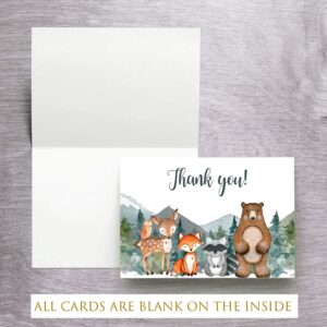 50 Woodland Thank You Cards, 4x6" Forest Animals Thank You Notes with Matching Green Envelopes & Stickers, Greenery Notecards, Woodland Baby Shower Thank You Cards