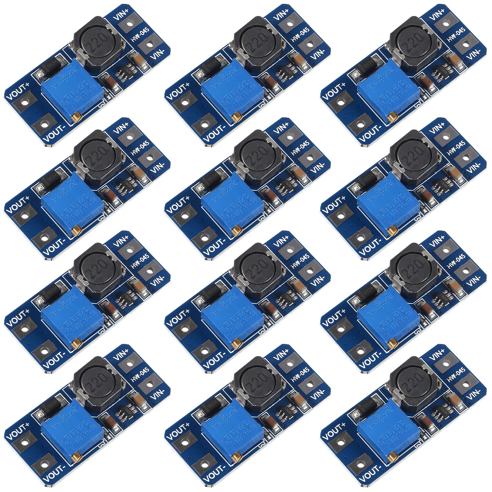 12pcs DC-DC Step Up Boost Converter MT3608 Module 2A Adjustable Step Up Voltage Regulator Board Input Voltage 2V-24V to 5V-28V Output Voltage (Without USB Connector)