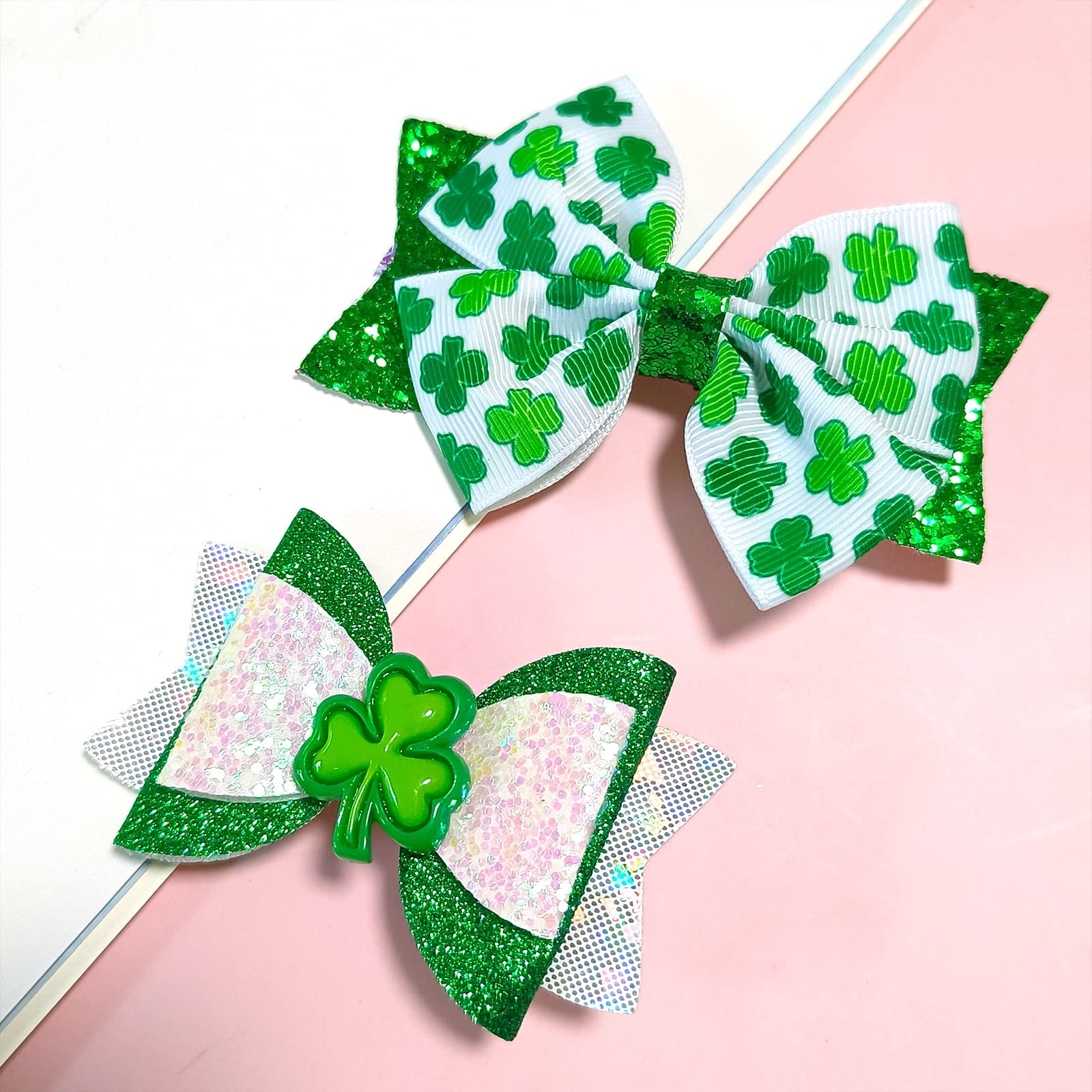 St Patricks Day Hair Bow 3" Girls Glitter Sequin Shamrock Bow Decor Clips Irish Green Grosgrain Ribbon Alligator Barrettes Handmade St Patty Cheer Accessories for Women Toddler Teens Kids Kit