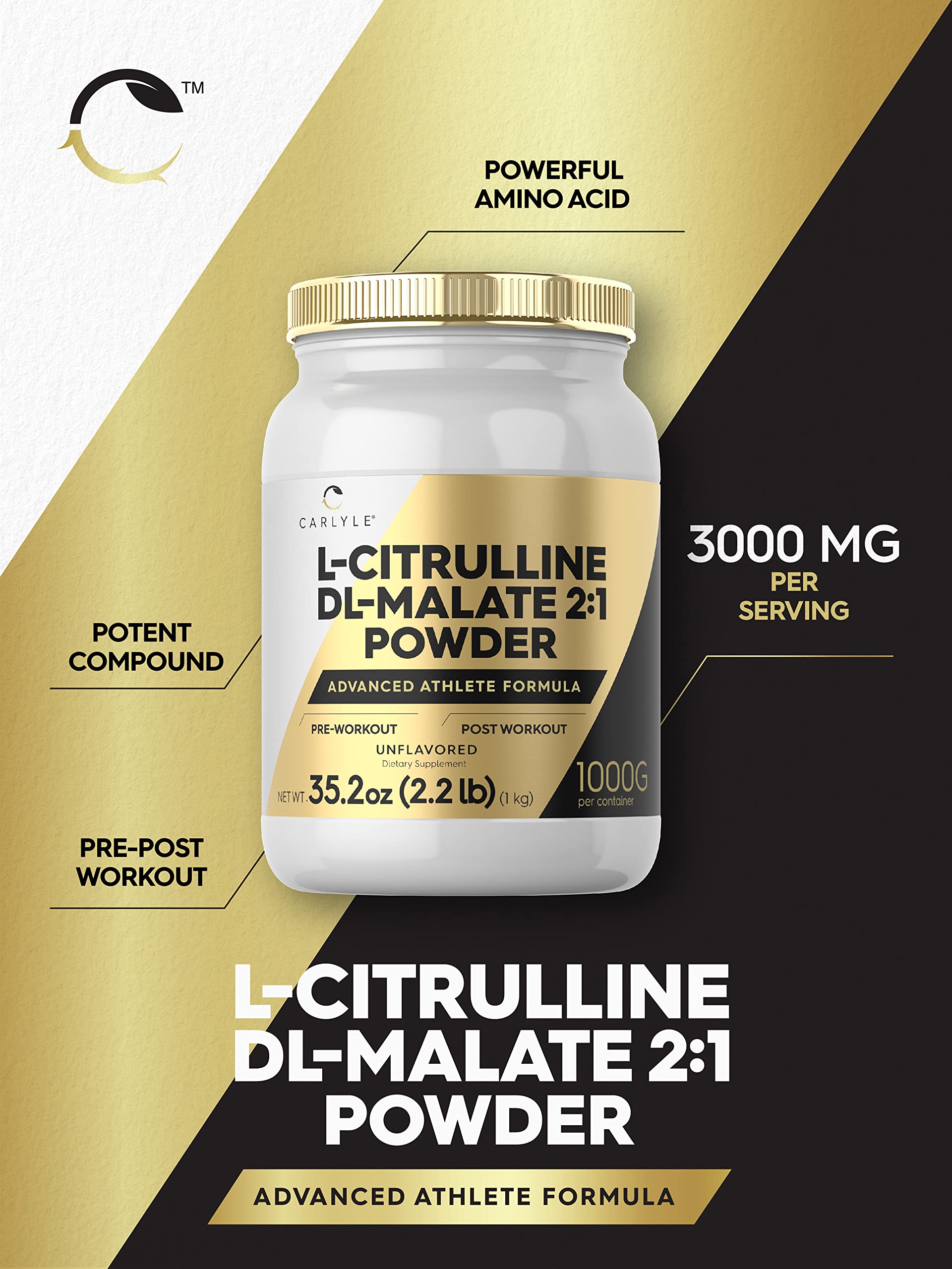 Carlyle L Citrulline Malate Powder | 3000mg | 2:1 | Unflavored | 1 Kg Container | Vegetarian, Non-GMO, Gluten Free