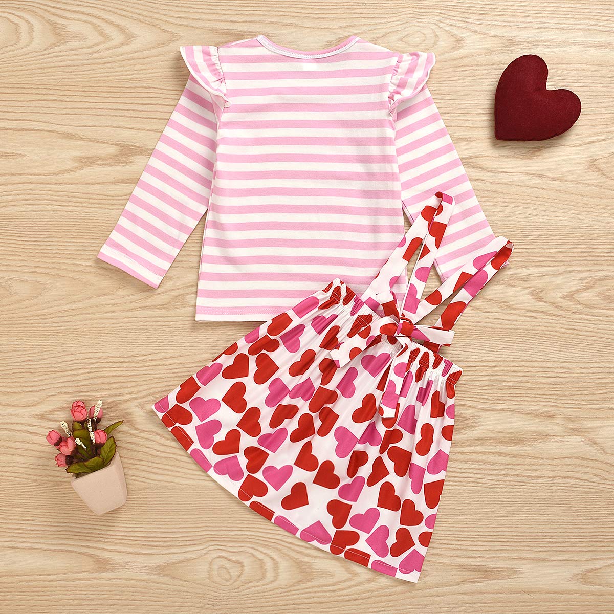 Myhrey Toddler Baby Girls Valentine's Day Outfits Ruffle Long Sleeve Stripe Shirt + Suspender Skirt Set (Pink, 12-18 Months) M04 M04a