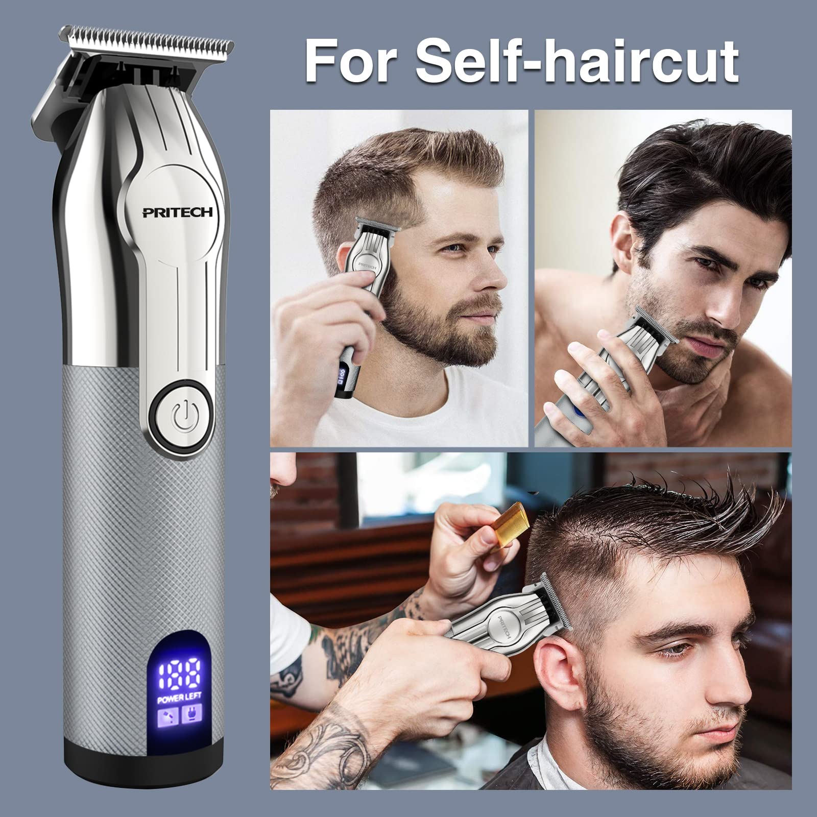 PRITECH Hair Trimmer for Men - Cordless, Rechargeable, T-Shaped Ceramic Cutter Head, One-Touch Switch, LED Display, Professional Motor, Low Noise Warranty