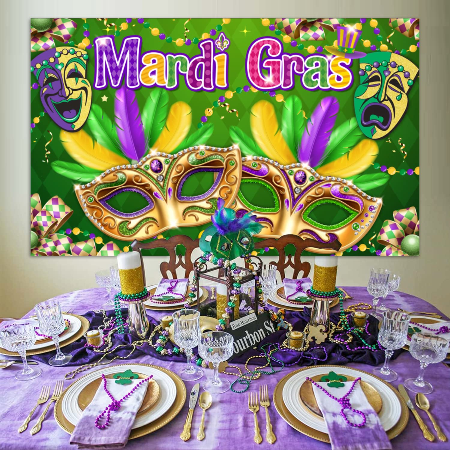 Large 71" X 43" Green Mardi Gras Banner, Mardi Gras Decorations for Party, Mardi Gras Party Decorations Mardi Gras Backdrop, Mardi Gras Party Supplies for Masquerade tineit