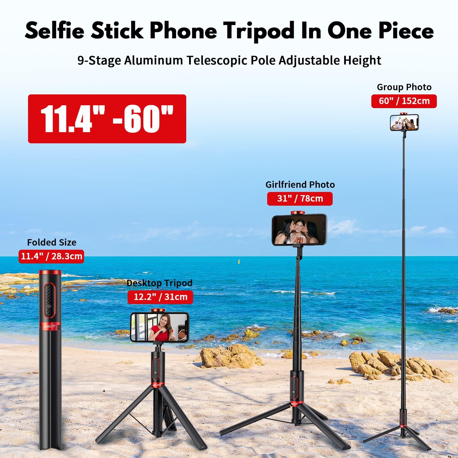 Uranzl 60" Phone Tripod & Selfie Stick Tripod with Remote,Travel &Compact Tripod for iPhone and Android,Cell Phone Tripod Compatible with iPhone 15/14/13/Android