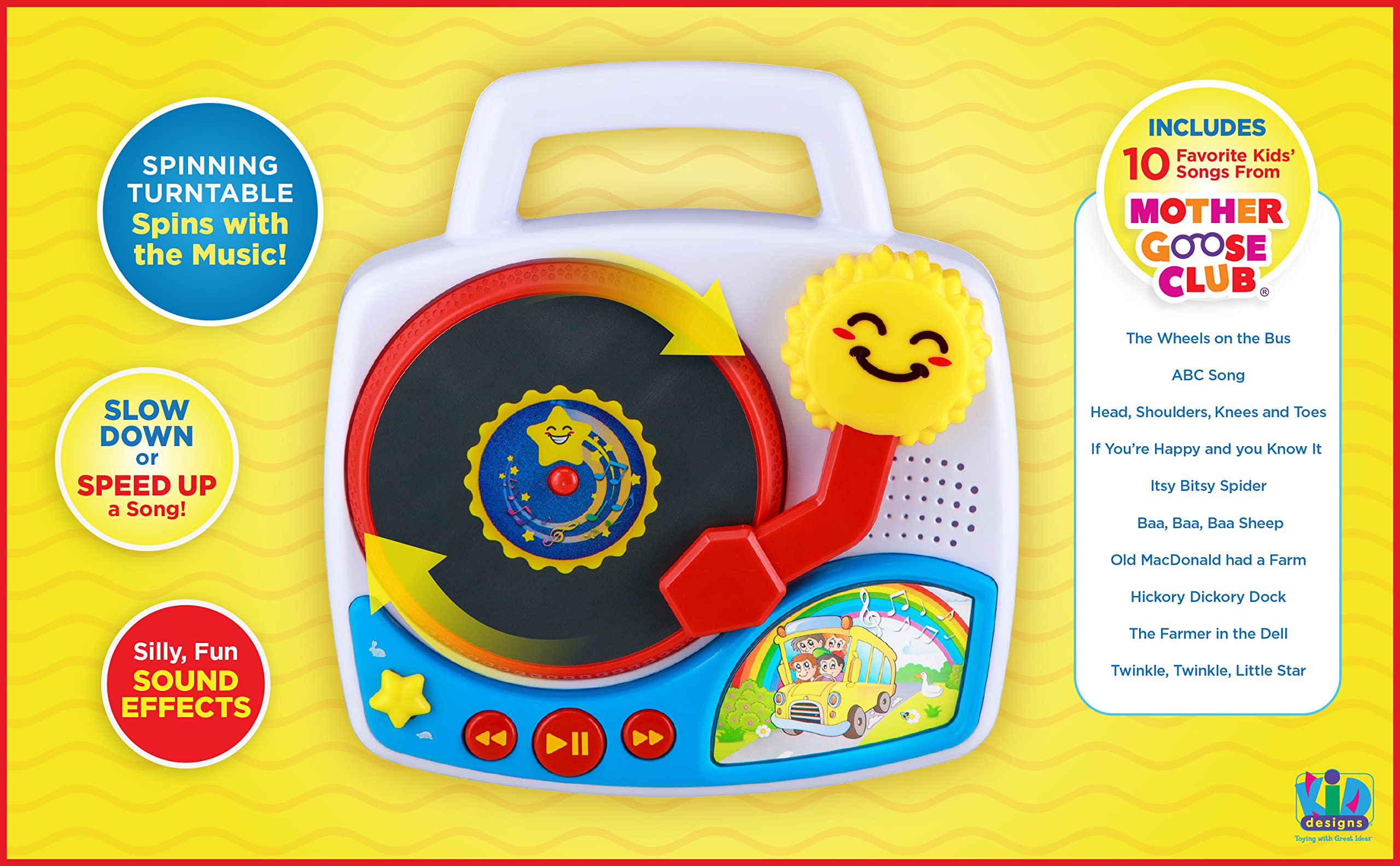 eKids Tiny Tunes Toy Turntable for Toddlers with Built-in Nursery Rhymes and Sound Effects, Musical Toy for Kids