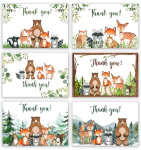 50 woodland thank you cards, 4x6" forest animals thank you notes with matching green envelopes & stickers, greenery notecards, woodland baby shower thank you cards