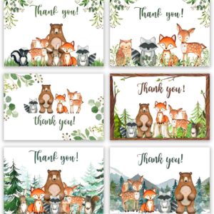 50 Woodland Thank You Cards, 4x6" Forest Animals Thank You Notes with Matching Green Envelopes & Stickers, Greenery Notecards, Woodland Baby Shower Thank You Cards