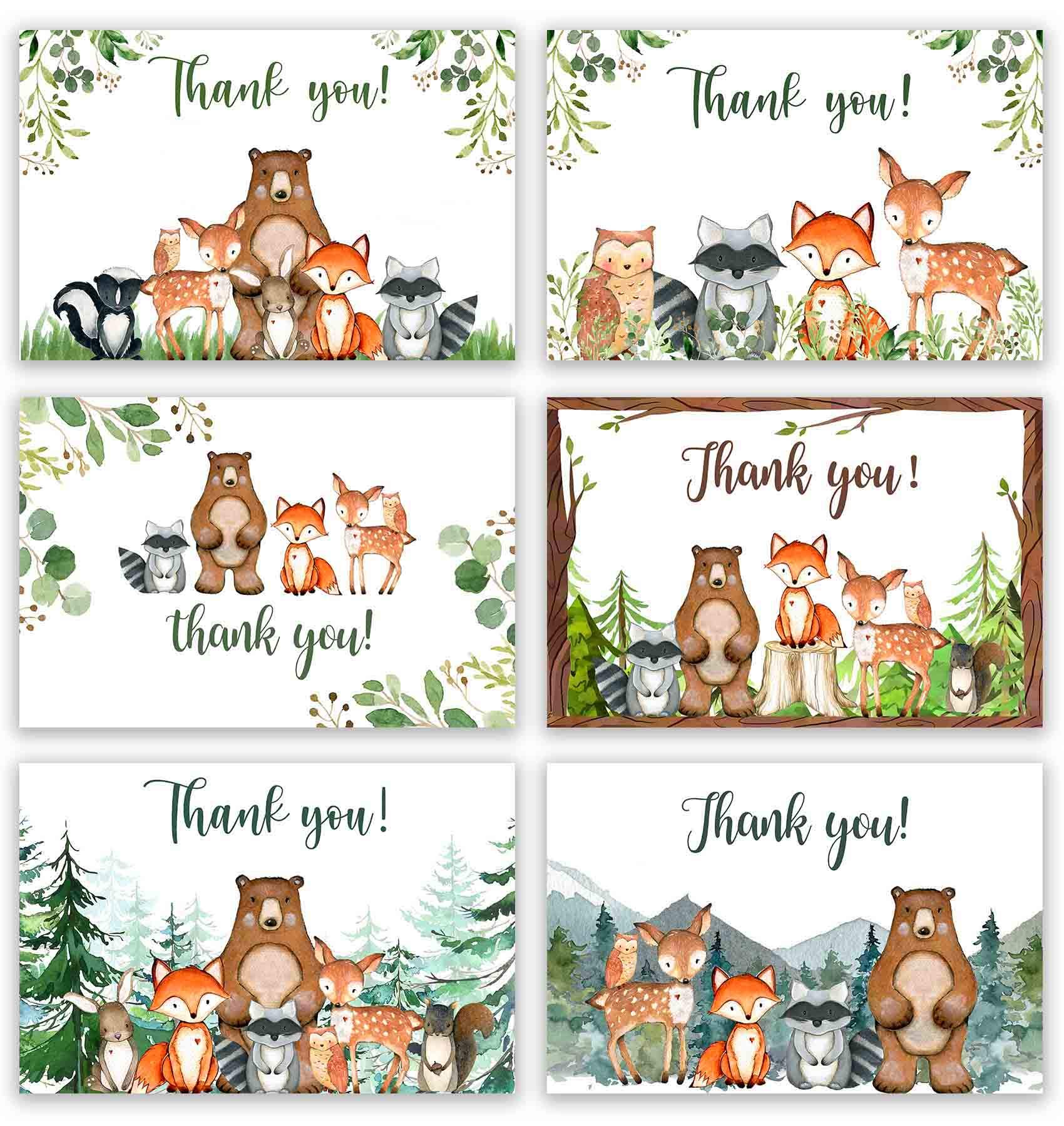 50 Woodland Thank You Cards, 4x6" Forest Animals Thank You Notes with Matching Green Envelopes & Stickers, Greenery Notecards, Woodland Baby Shower Thank You Cards