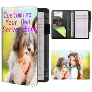 custom personalized photo picture & text server books for waiter, cute leather server pads with zipper pocket, add pictures text logo or art design and make your own customized waitstaff organizer