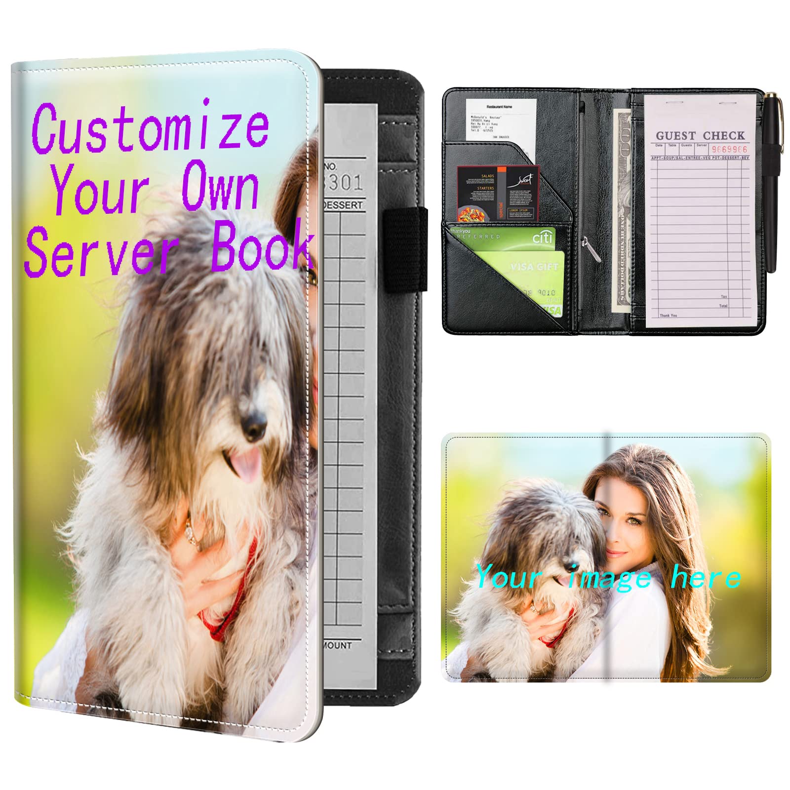 Custom Personalized Photo Picture & Text Server Books for Waiter, Cute Leather Server Pads with Zipper Pocket, Add Pictures Text Logo or Art Design and Make Your Own Customized Waitstaff Organizer