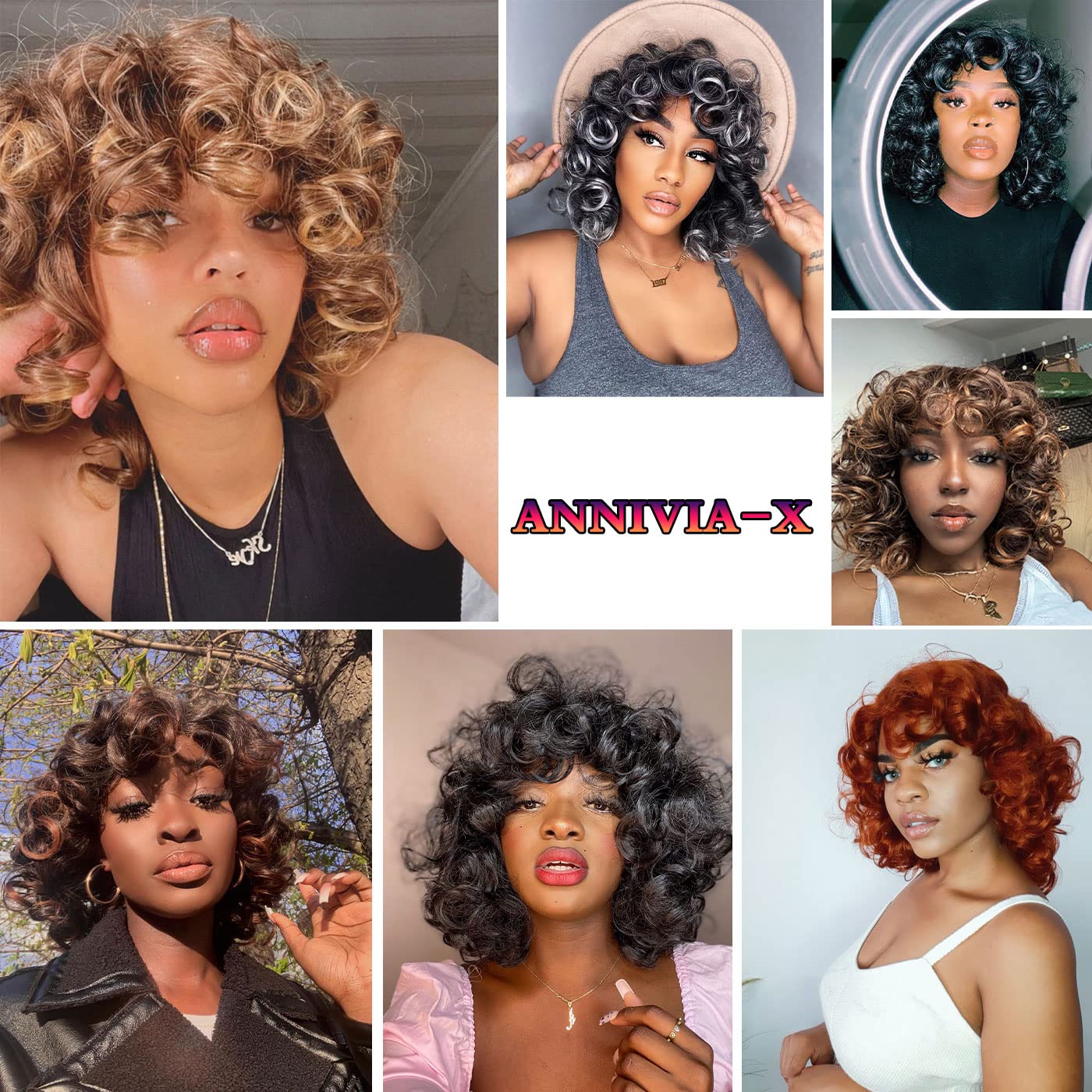 ANNIVIA-X Short Afro Curly Wigs with Bangs for Women Kinky Curly Hair Wig Big Bouncy Fluffy Curly Wig(Bug)