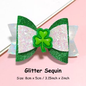 St Patricks Day Hair Bow 3" Girls Glitter Sequin Shamrock Bow Decor Clips Irish Green Grosgrain Ribbon Alligator Barrettes Handmade St Patty Cheer Accessories for Women Toddler Teens Kids Kit