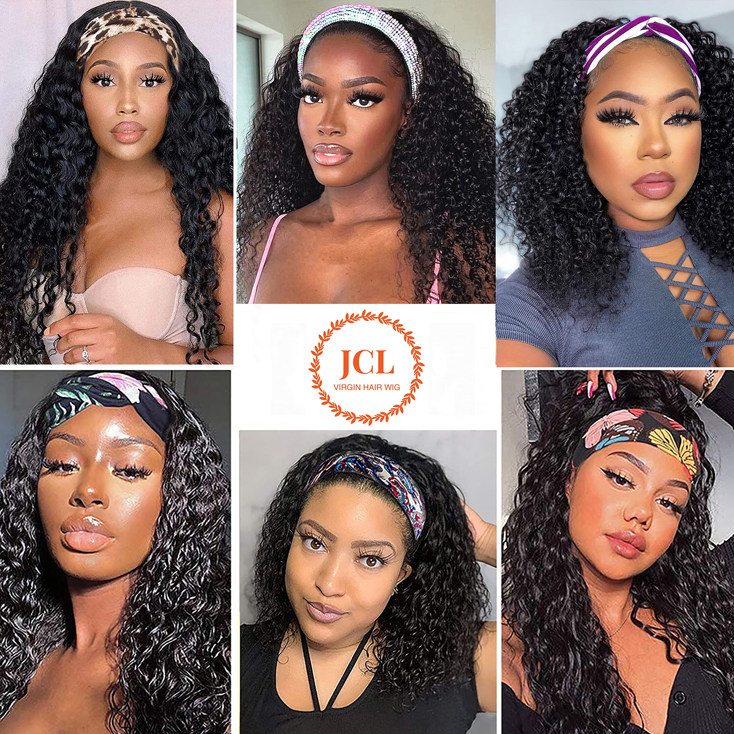 JCL Curly Headband Wig Human Hair 180% Density 12 Inch Headband Wigs for Black Women Deep Wave None Lace Front Wigs Human Hair Wear and Go Glueless Wig Natural Color