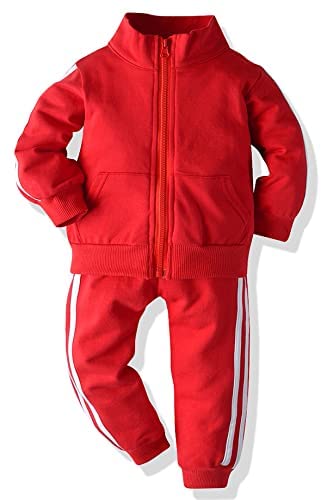 CRAZY GOTEND Toddlers Boys Outfit Set Long Sleeve Casual Sweatsuit 2 Pack Kids Clothing Athletic Clothes Zip With Pockets Red 18-24 Months/90