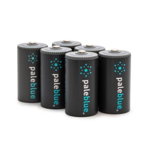 rechargeable d batteries with usb charger by pale blue, lithium ion 1.5v 5000 mah, charges under 3.25 hours, over 1000 cycles, 2-in-1 usb to micro usb charging cable, led charge indicator, 6-pack