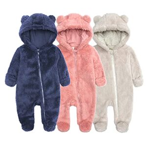 Lamgool Newborn Baby Fleece Jumpsuit Hooded Bear Ears Footies Unisex Girls Boys Romper Snowsuit for Fall Winter 0-3M